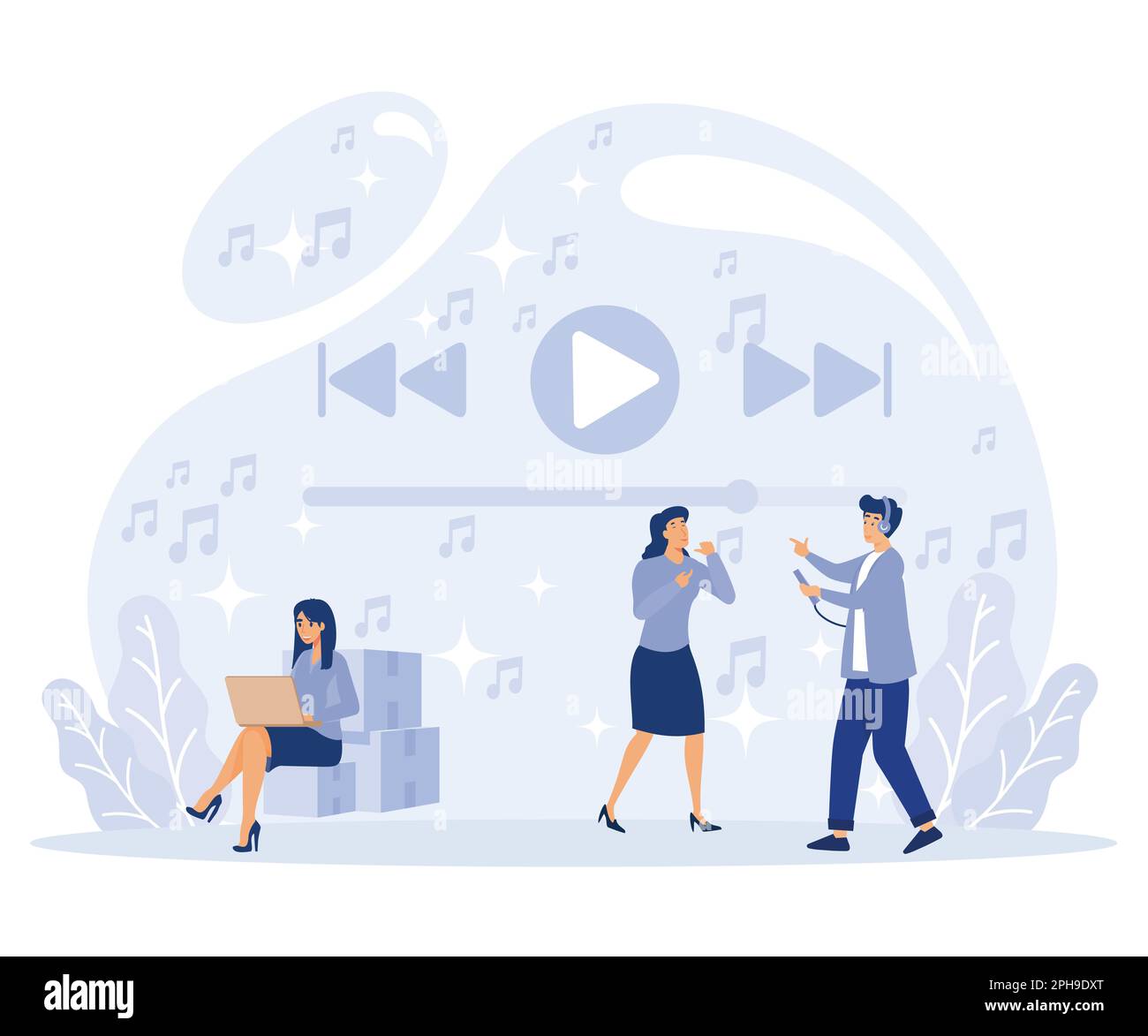 Media player app concept. Tiny people listen music, sound, audio or ...