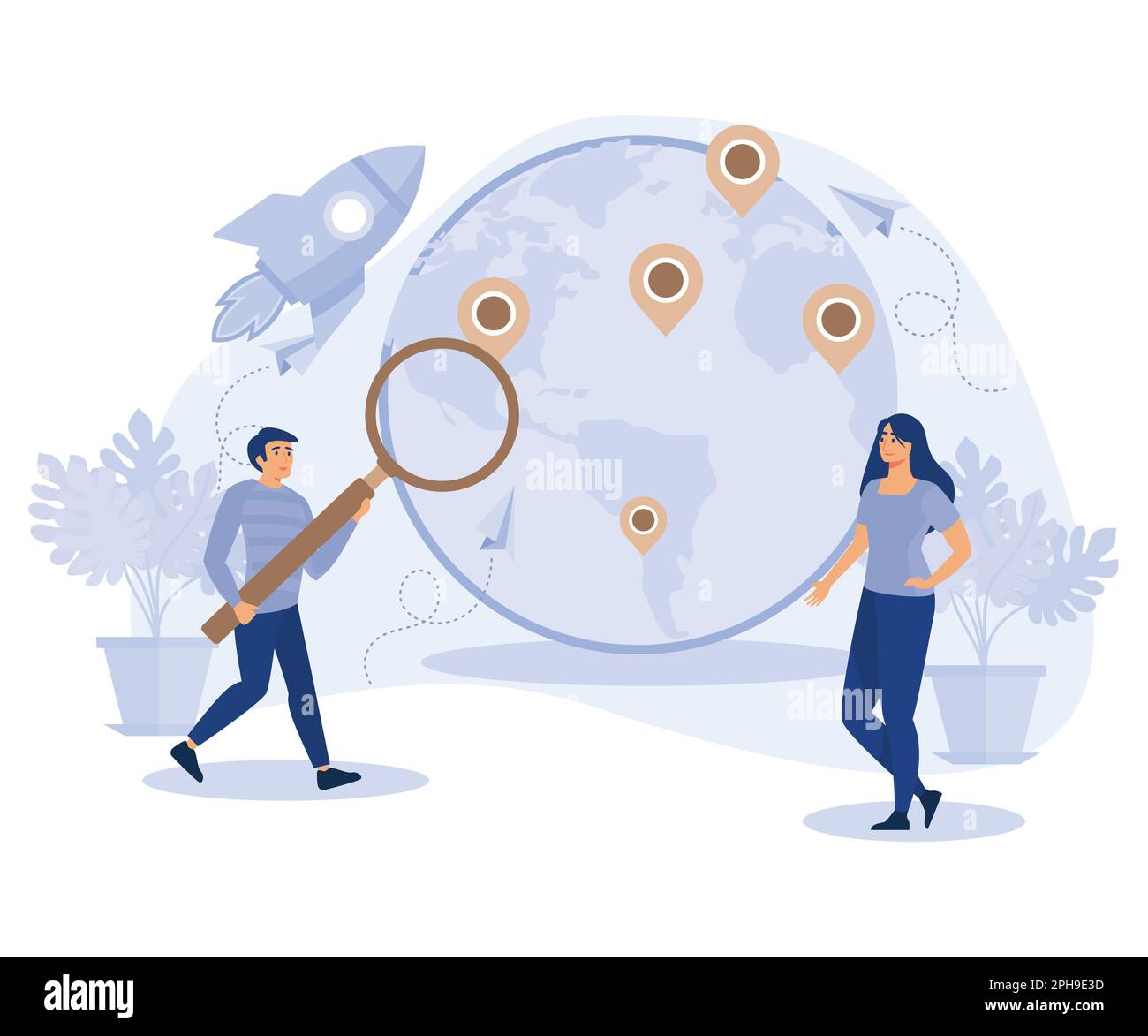 Geography concept. World map. Globalisation. Tiny people study atlas ...
