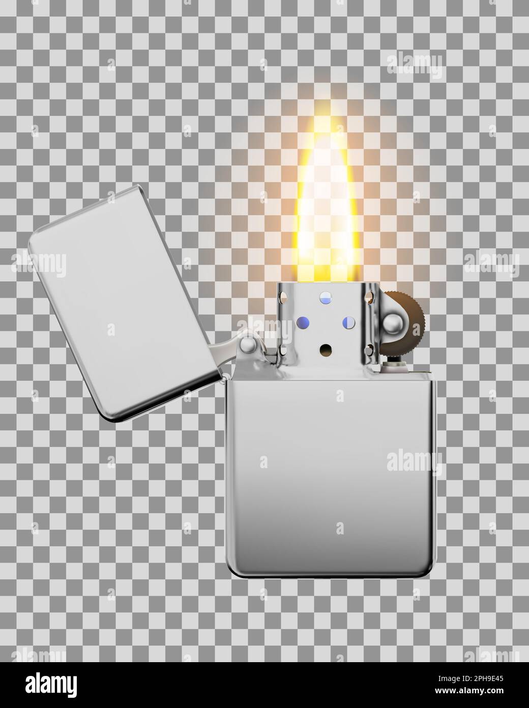 Metallic luxury lighter with open cover and transparent flame lit ...