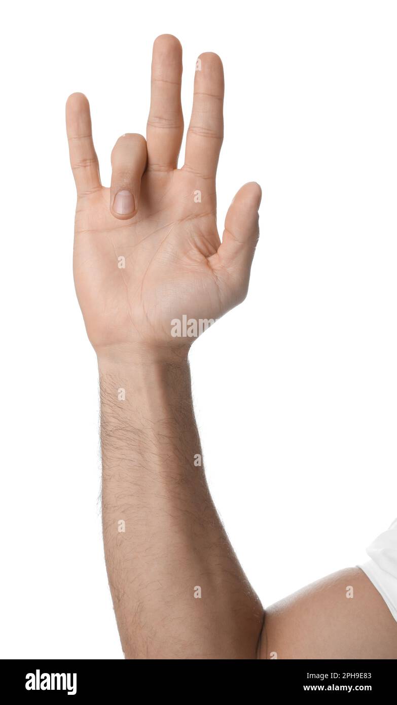Man with trigger finger condition on white background, closeup Stock ...