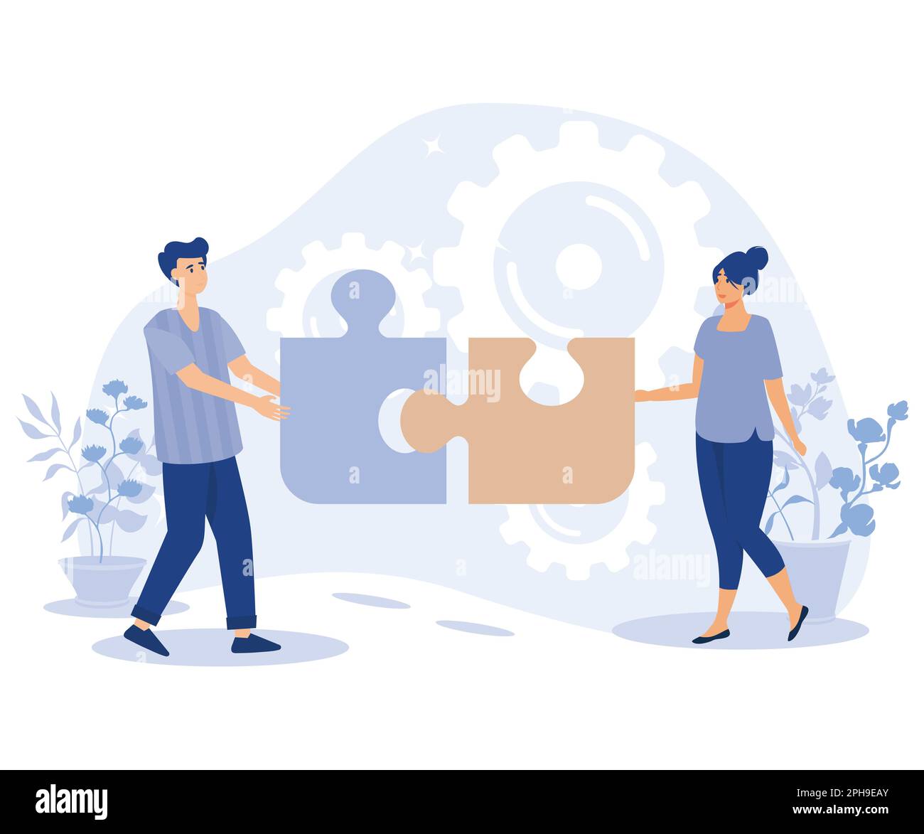 Teamwork concept. People connecting puzzle elements. Flat vector modern ...