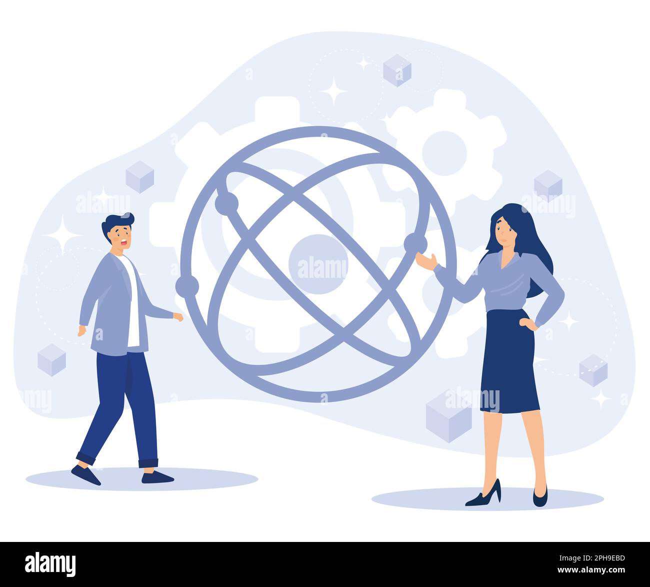 Quantum computing concept. Optical technology, photonics research. Tiny people engineers and ...