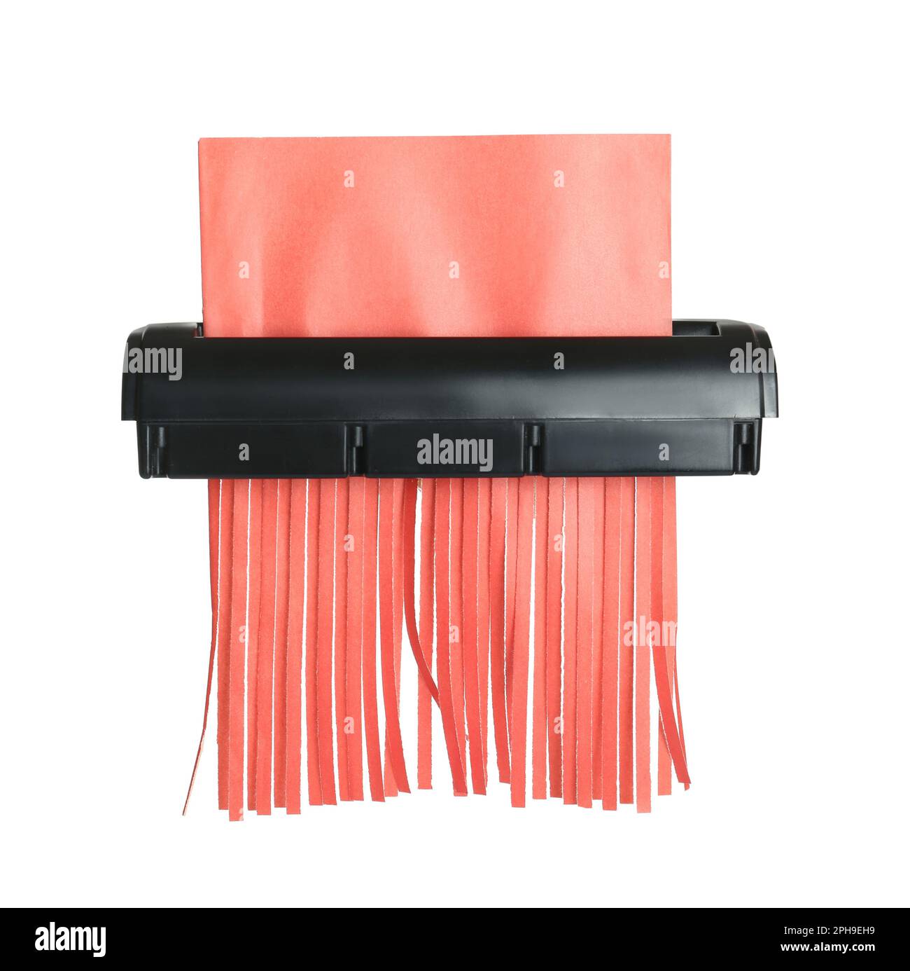 Destroying sheet of red paper with shredder on white background Stock ...