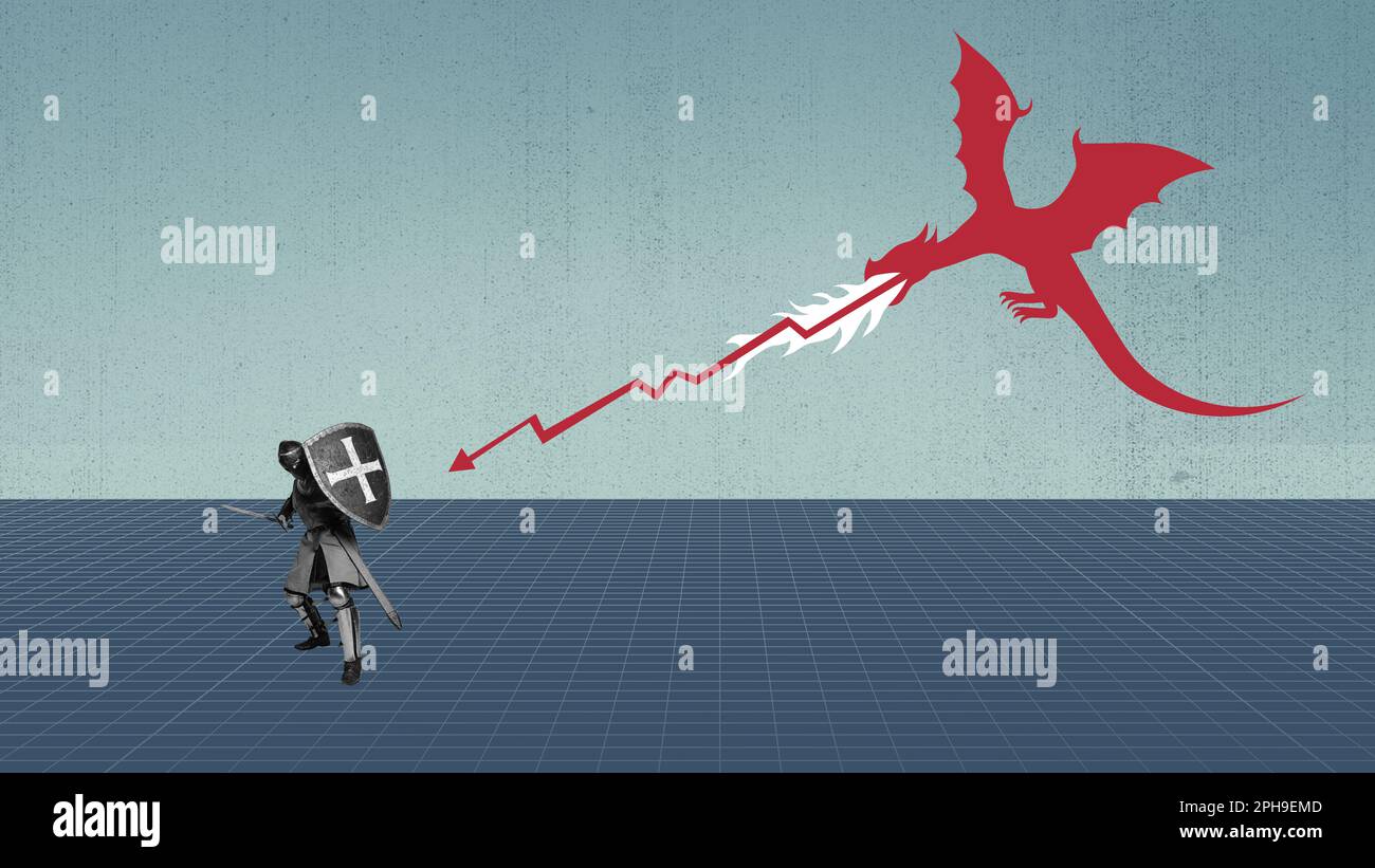 Man in image of medieval knight fighting fifth dragonsumbolizig ...