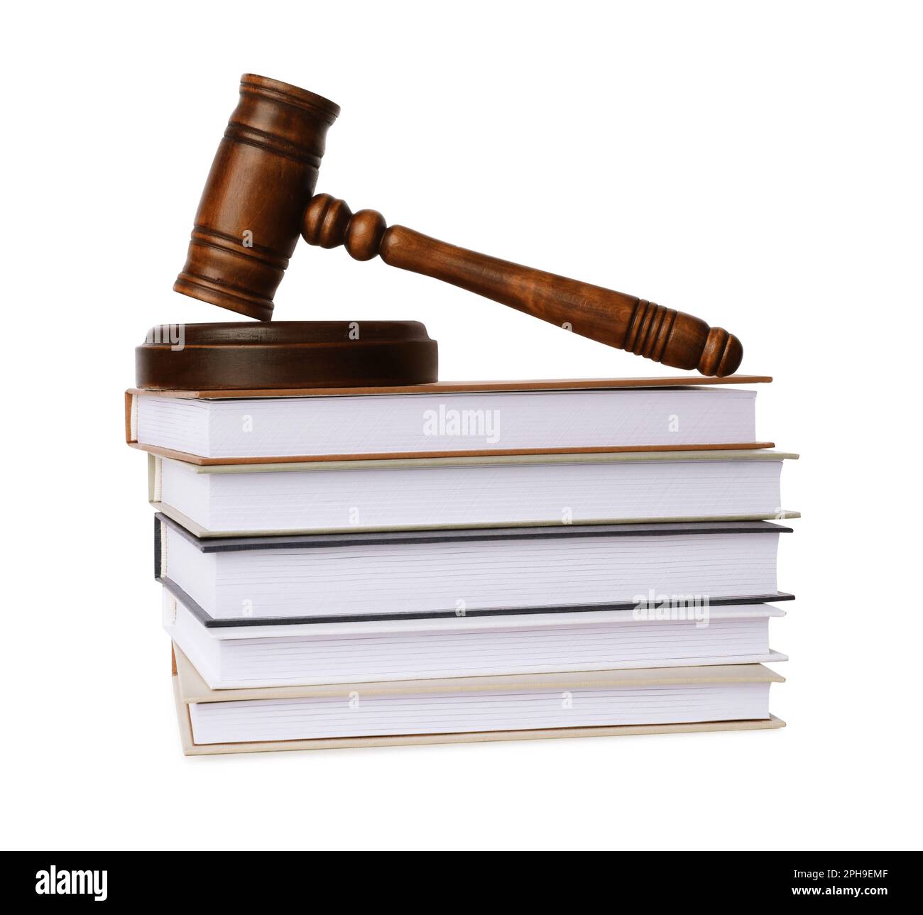 Wooden gavel and stack of books on white background Stock Photo - Alamy