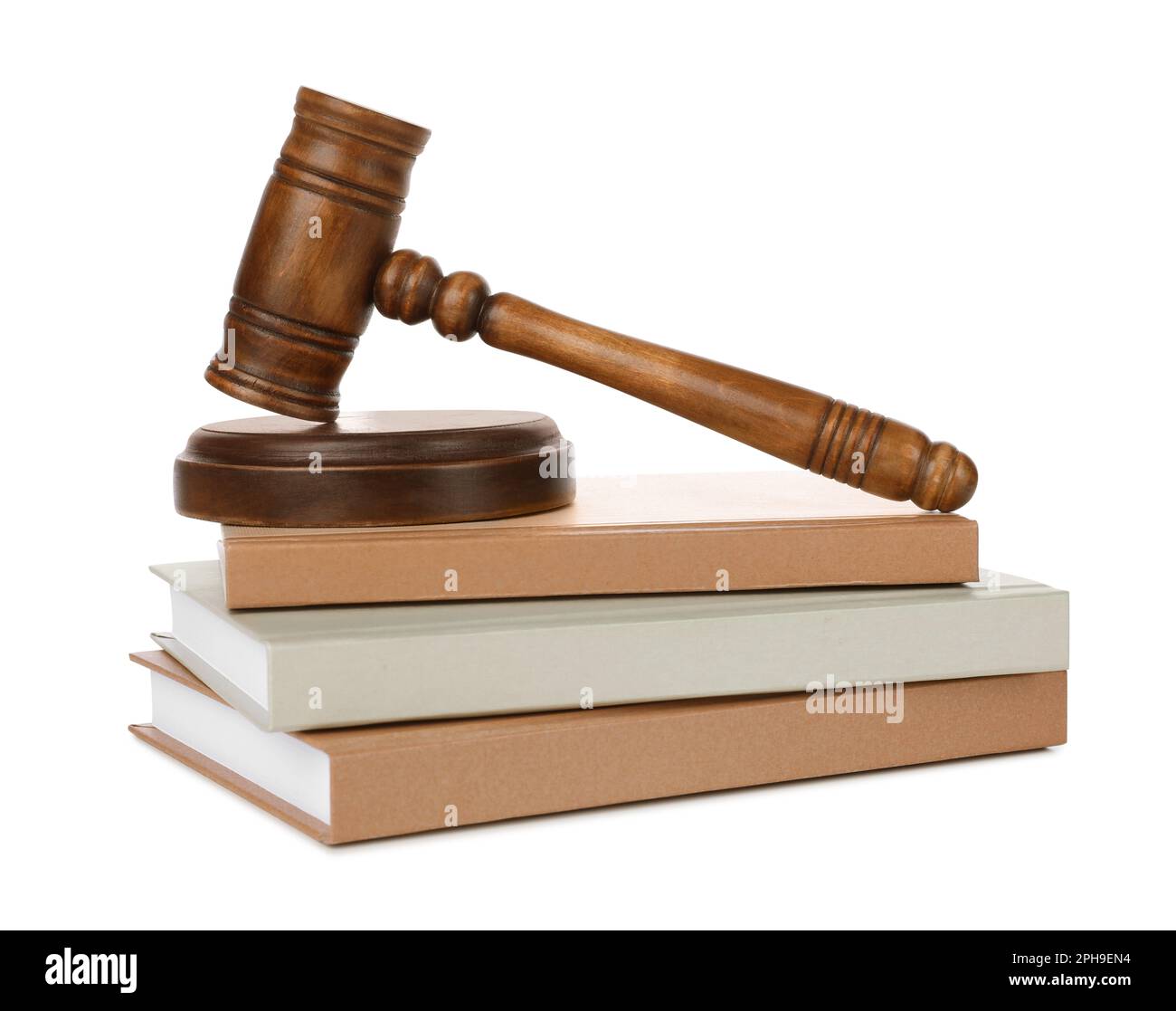 Wooden gavel and stack of books on white background Stock Photo - Alamy