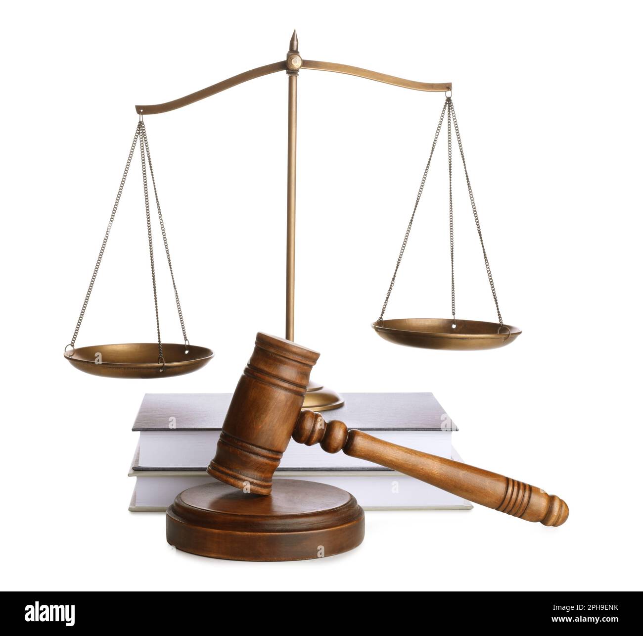 Wooden gavel, books and scales of justice on white background Stock ...