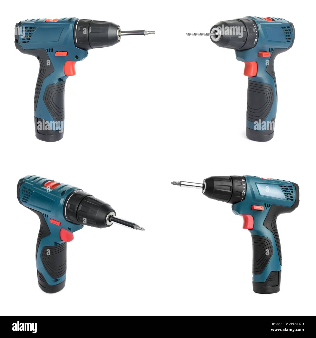 Set of modern electric drills on white background Stock Photo - Alamy