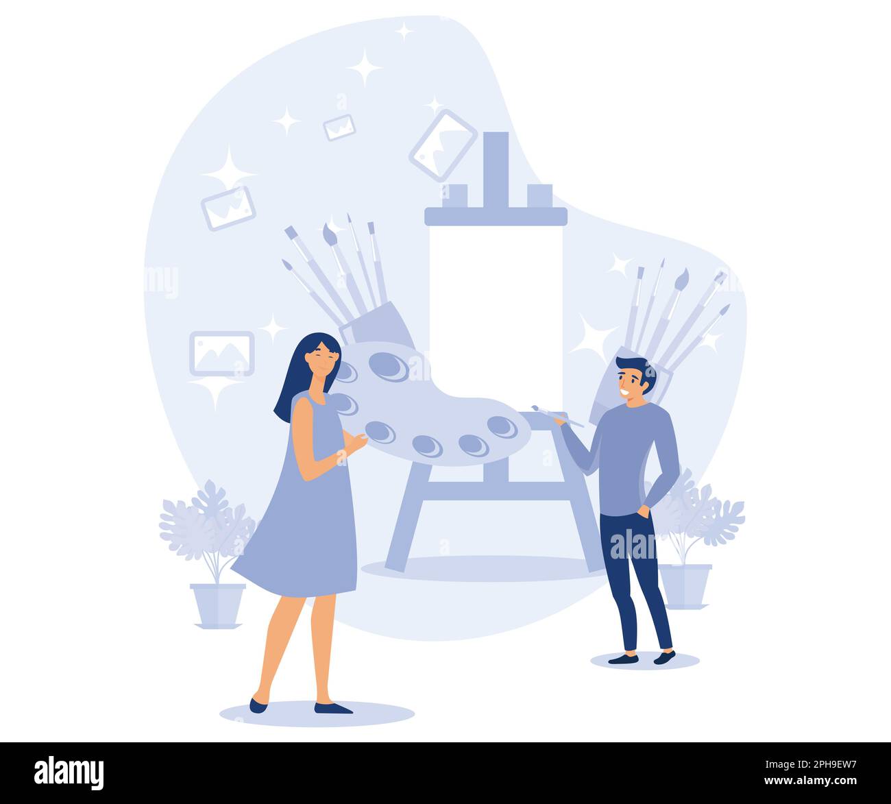 Artist. Art school or studio. Tiny people artists with canvas on easel ...