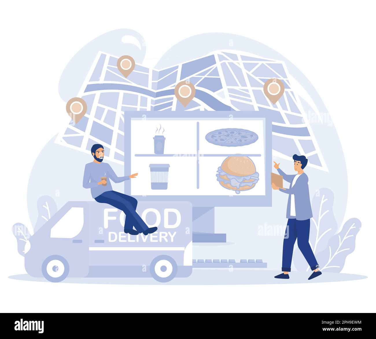 Food delivery service. Tiny people order food online. Chefs and courier ...