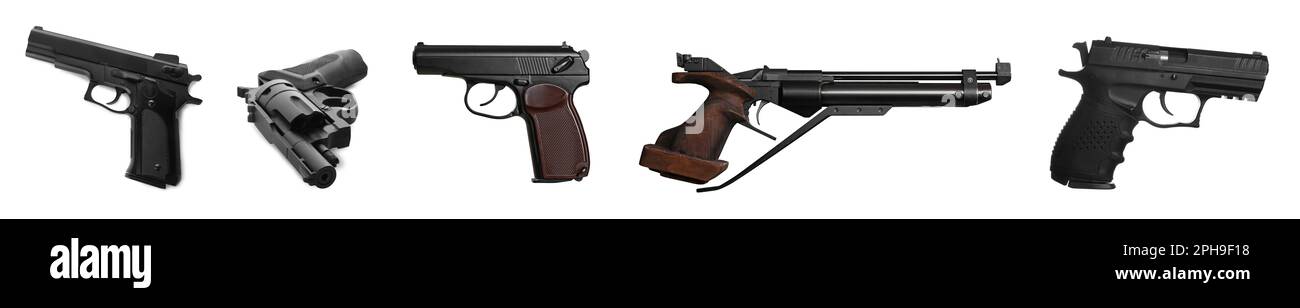 Set with different handguns on white background. Banner design Stock ...