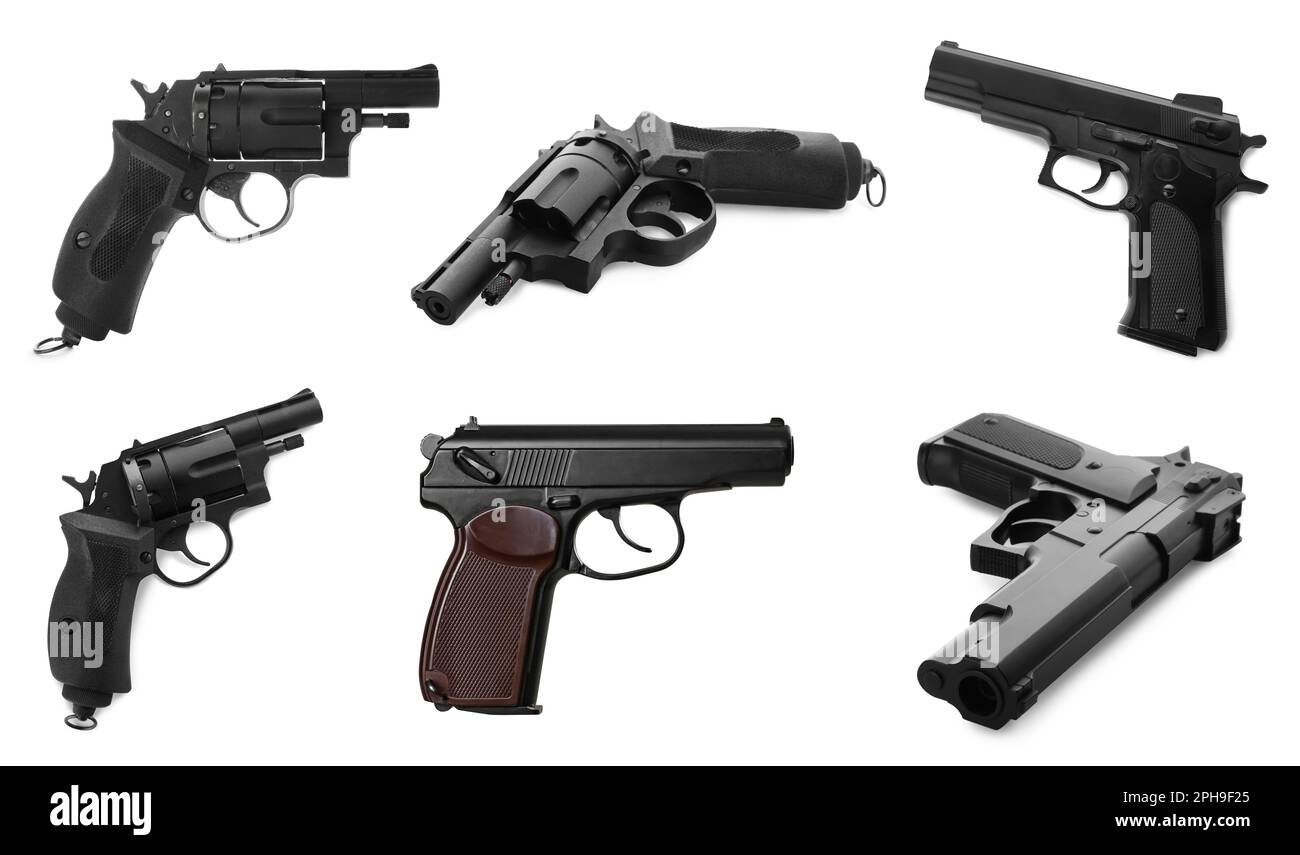Set with different handguns on white background Stock Photo - Alamy