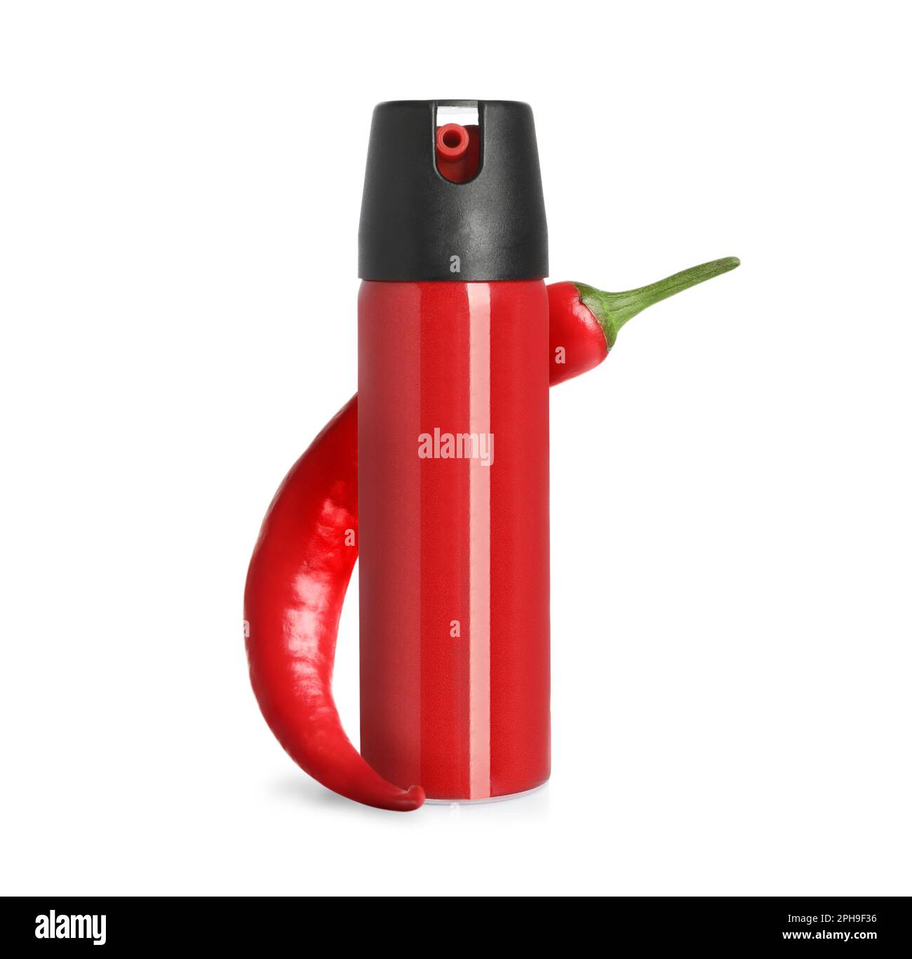 Bottle of pepper spray and red hot chilli on white background Stock ...