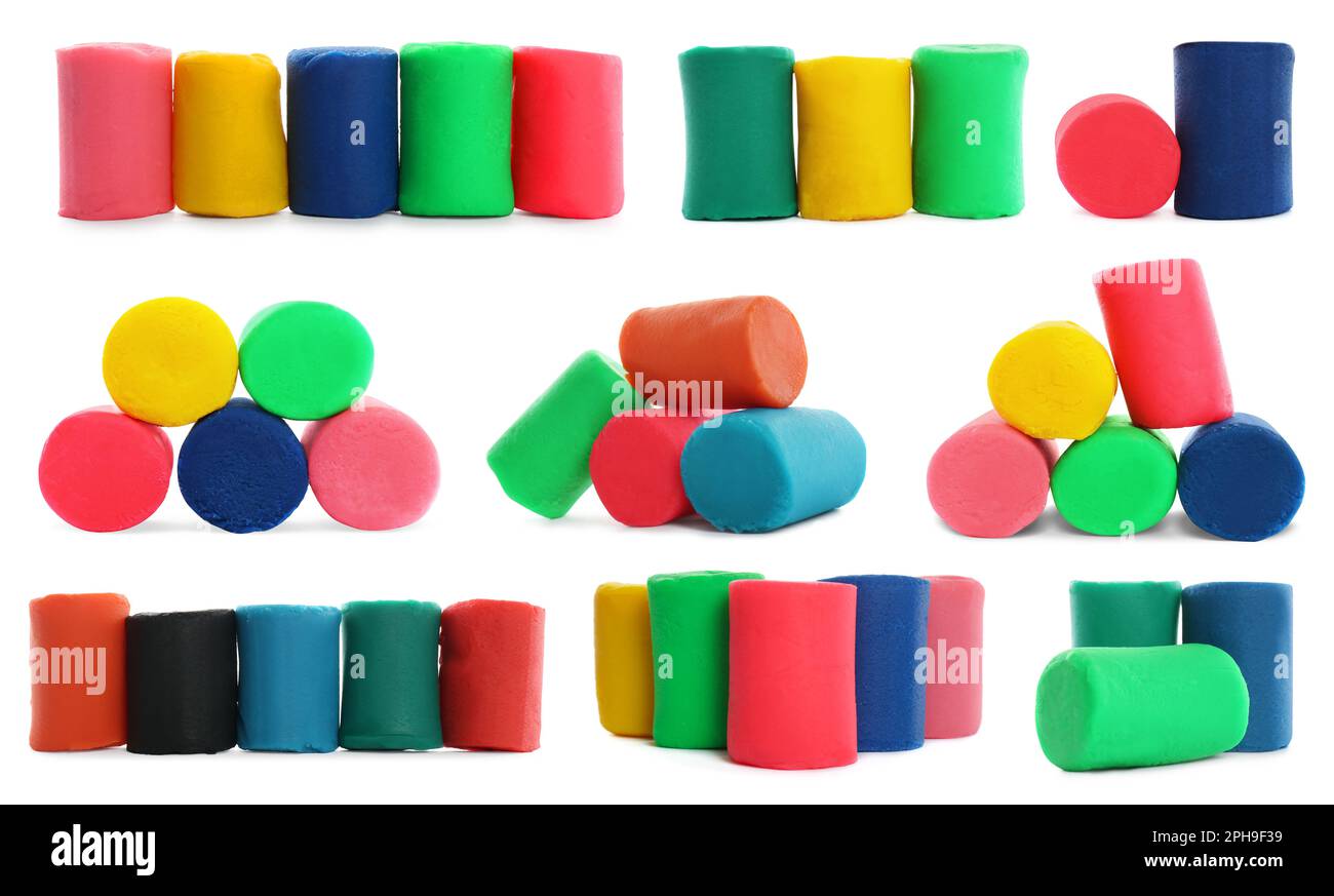 Set with different colorful play dough on white background Stock Photo ...
