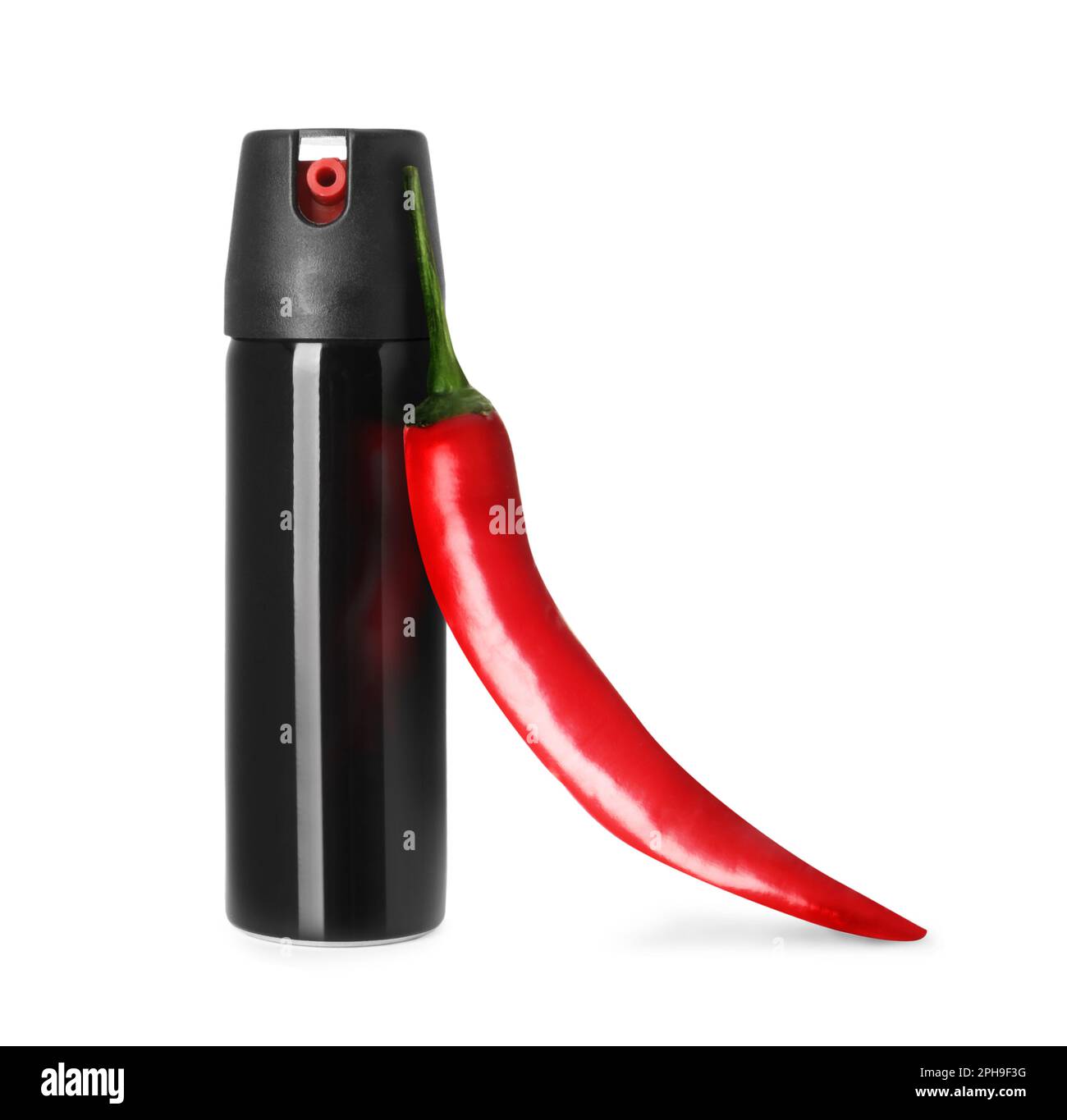 Bottle of pepper spray and red hot chilli on white background Stock ...