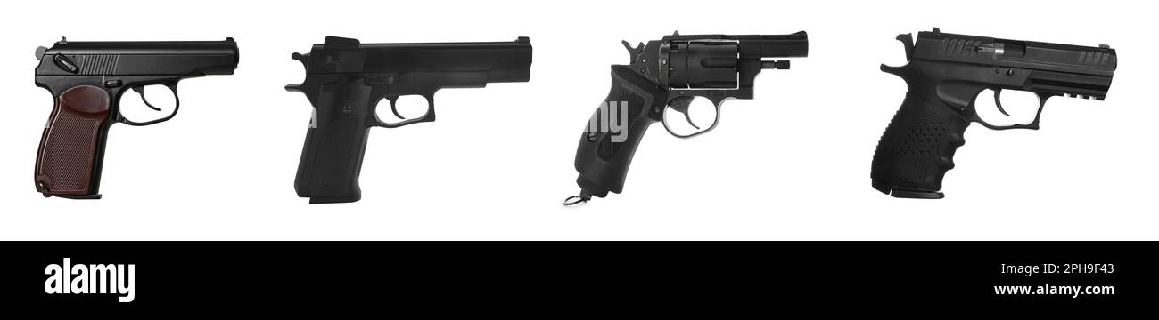 Set with different handguns on white background. Banner design Stock ...
