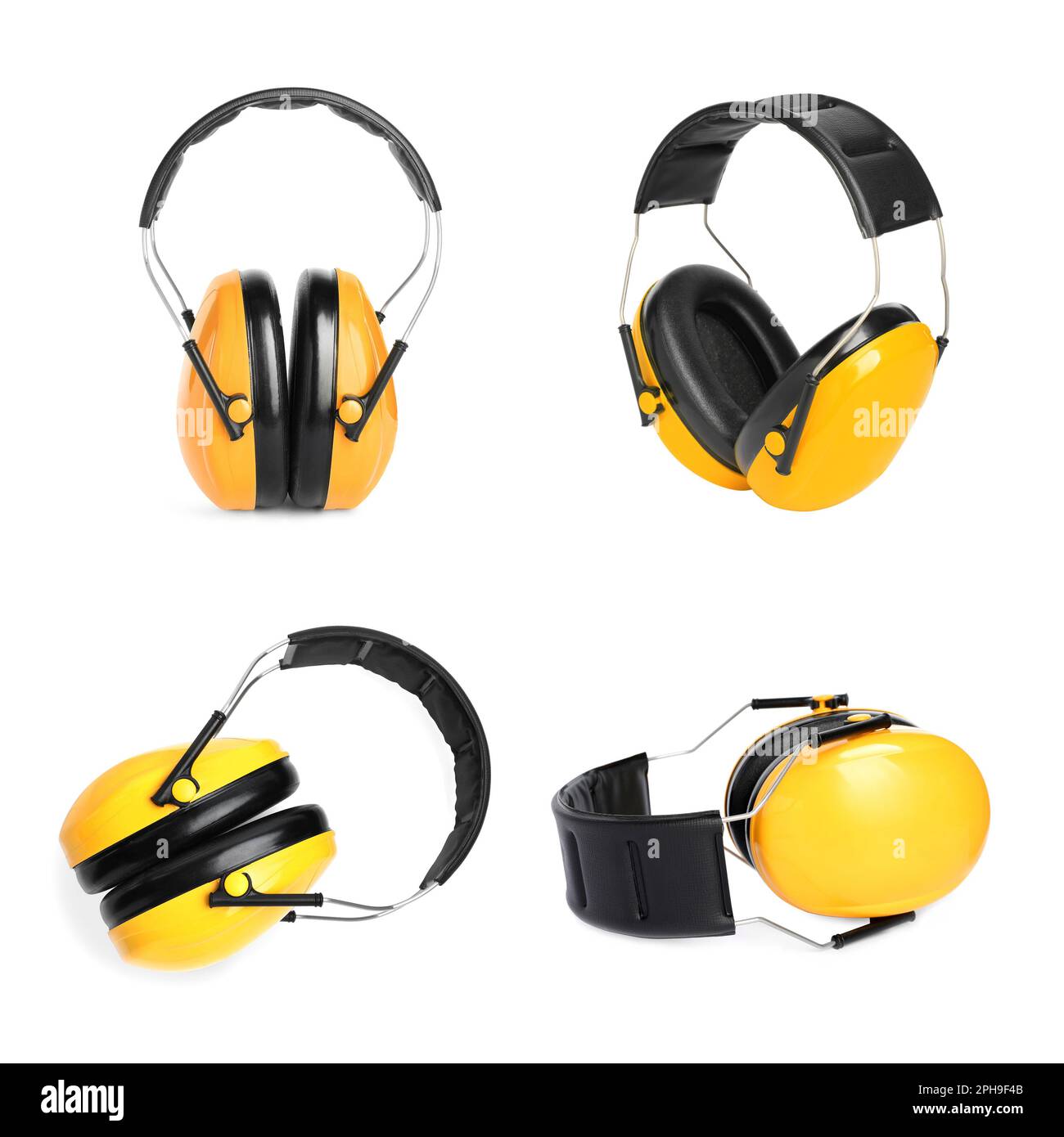 Set with protective headphones on white background. Safety equipment ...