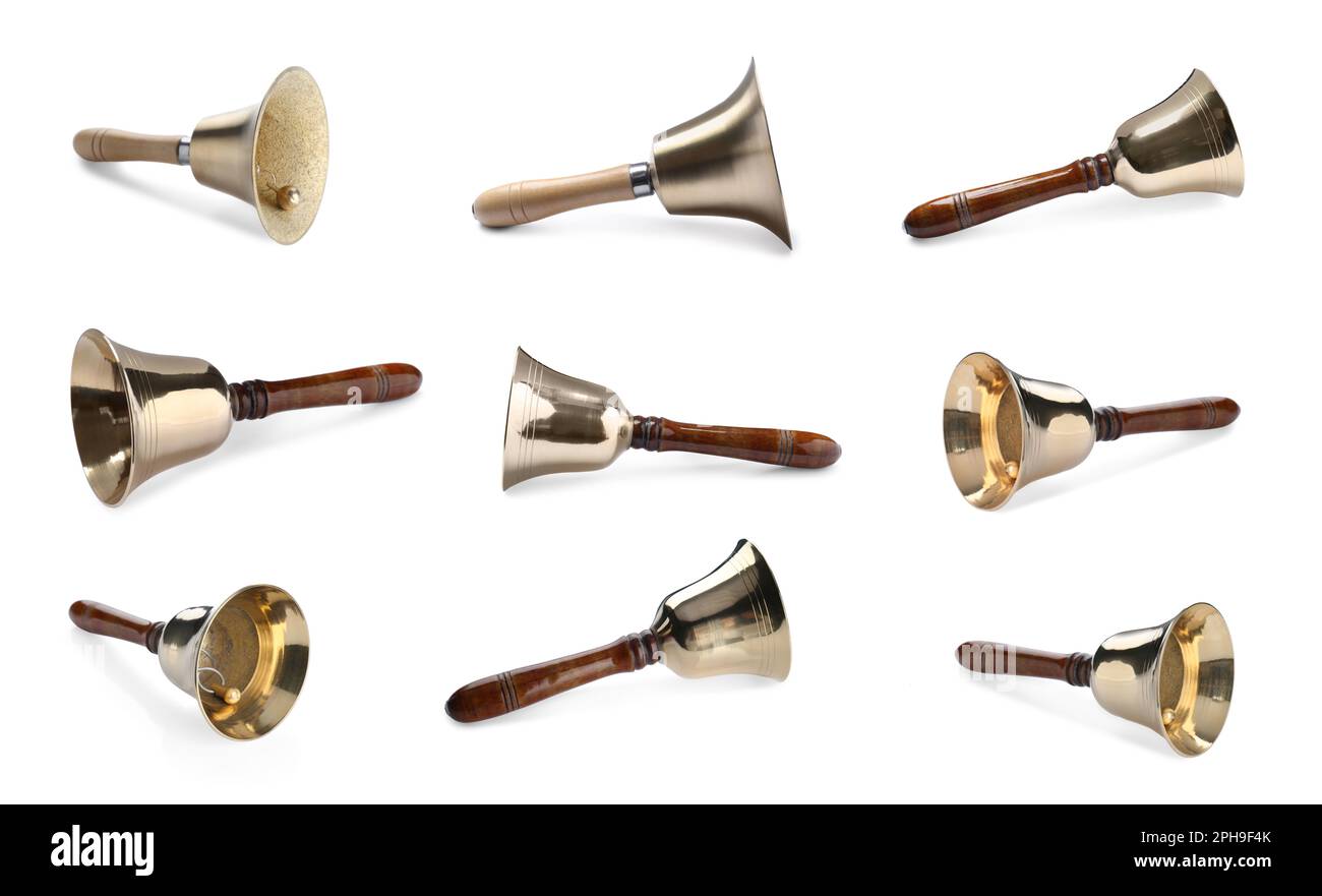 Set with school bells on white background Stock Photo - Alamy