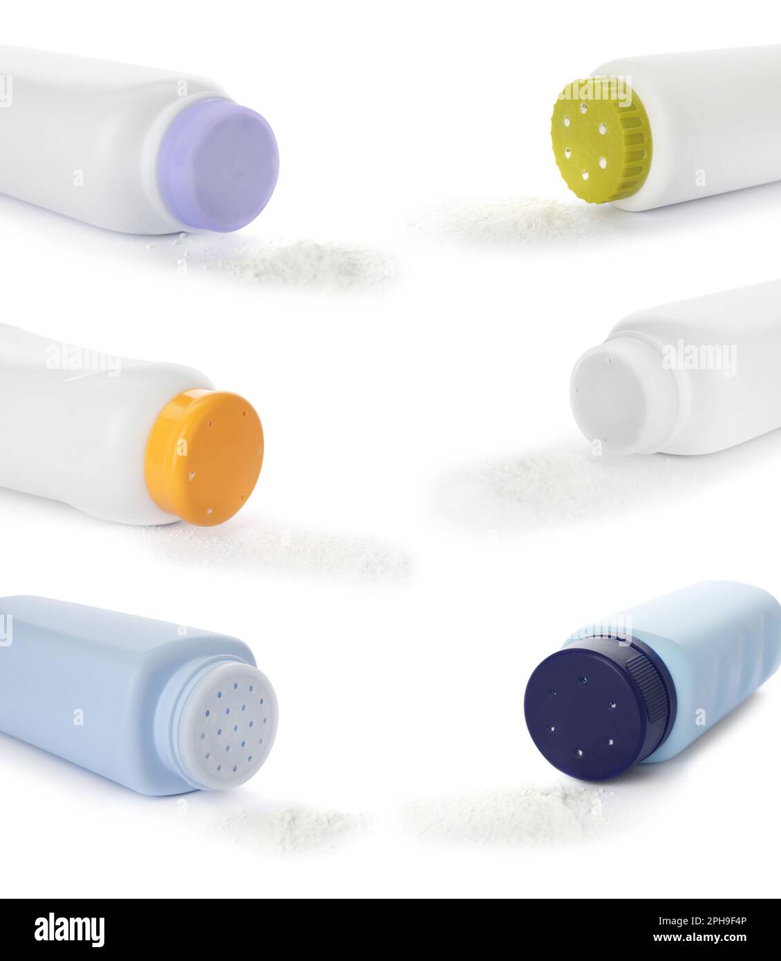 Set of overturned baby powder bottles on white background Stock Photo ...