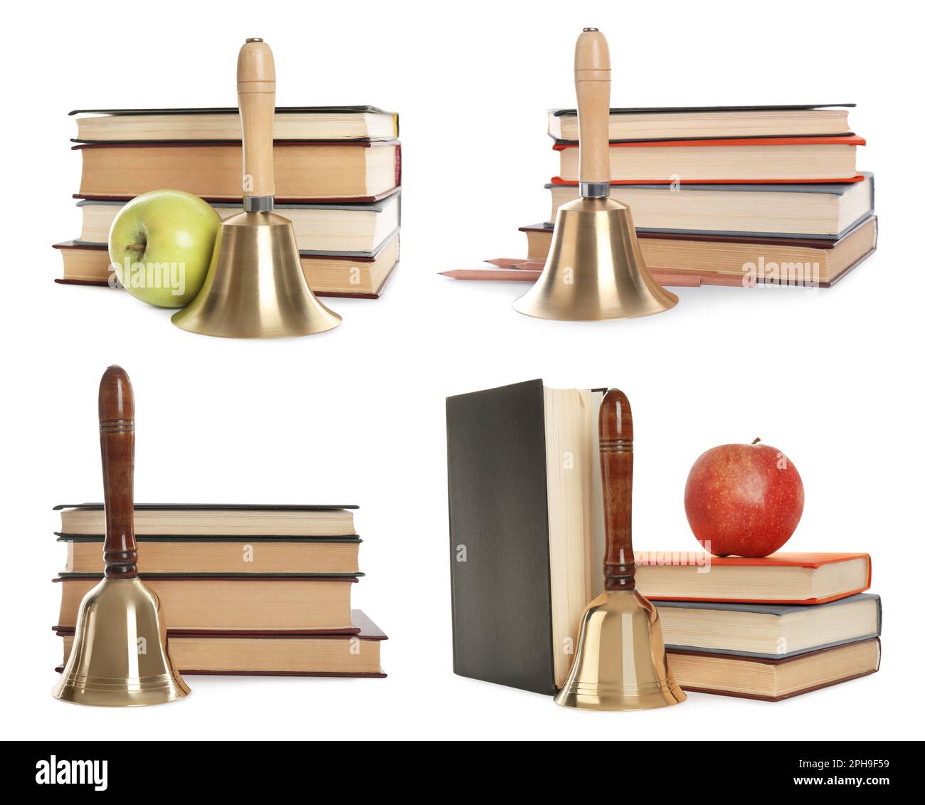 Set with school bells and books on white background Stock Photo - Alamy