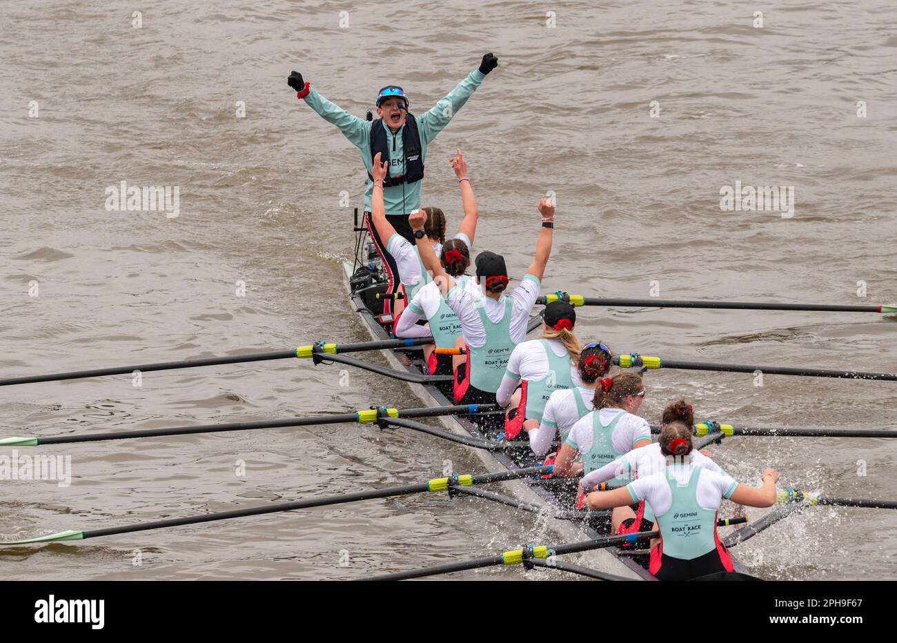 Boat Race 2023. Cambridge Women's team celebrating win after crossing ...