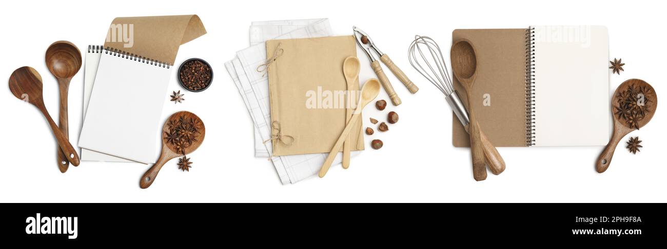 Set with blank recipe books and kitchen utensils on white background ...