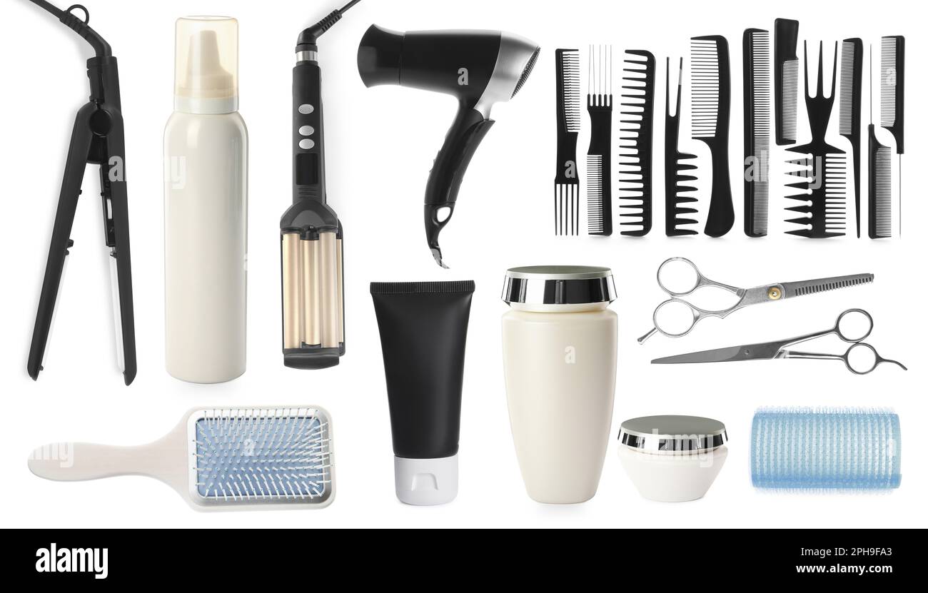 Set with professional hairdresser tools and cosmetic products on white ...