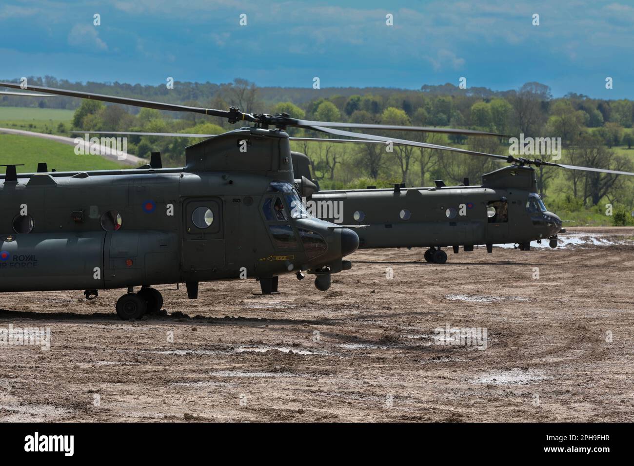 Two CH47 Chinook helicopters operated by the RAF preparing to take off ...