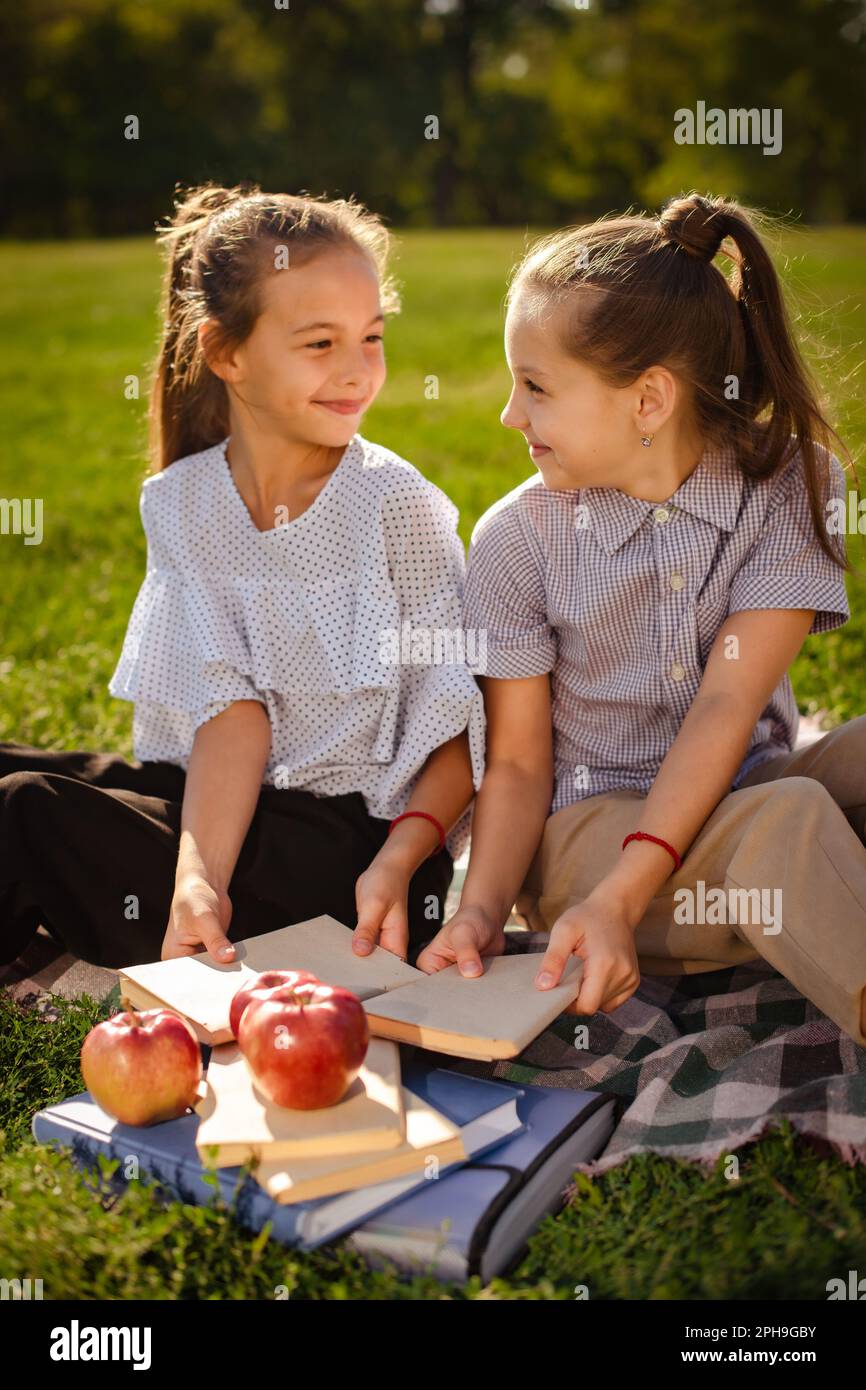 two teen girls friends prepare together for passing tests and exams ...