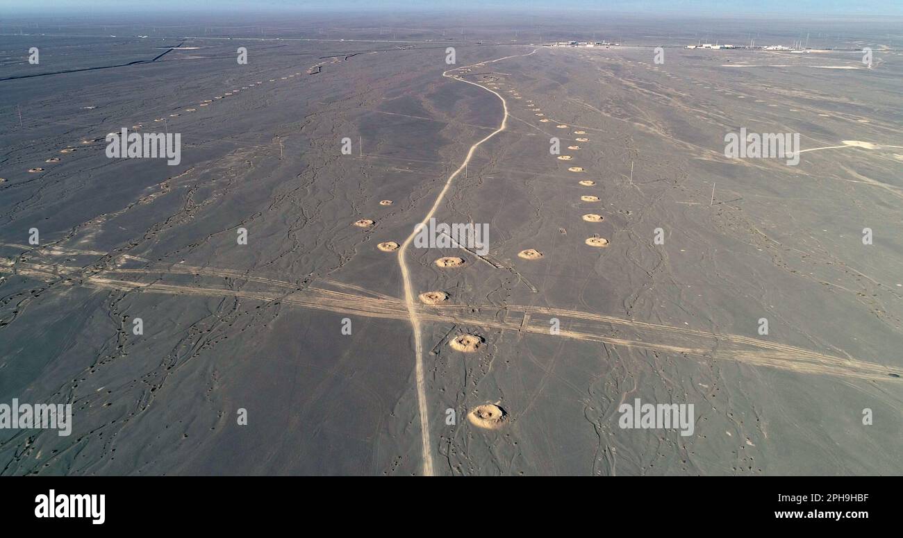 HAMI, CHINA - MARCH 26, 2023 - Aerial photo of Karez in the desert in ...