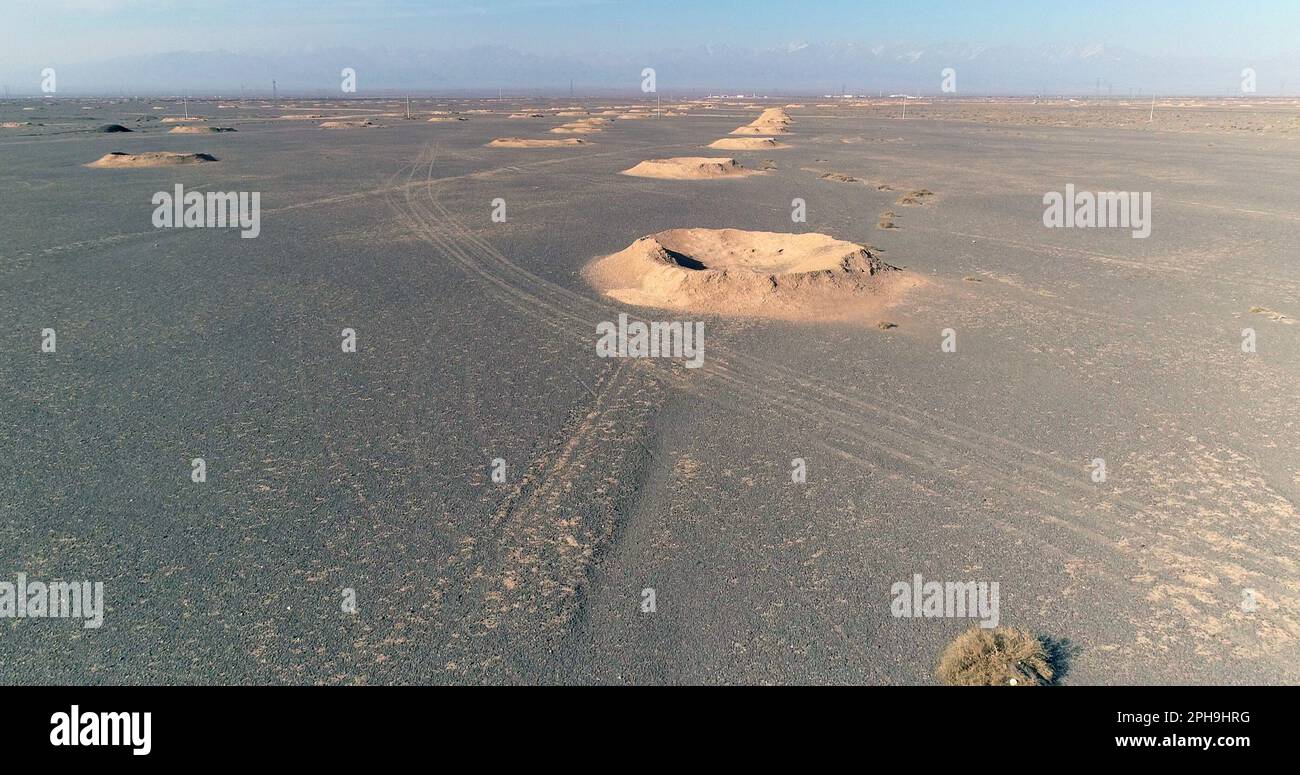 HAMI, CHINA - MARCH 26, 2023 - Aerial photo of Karez in the desert in ...