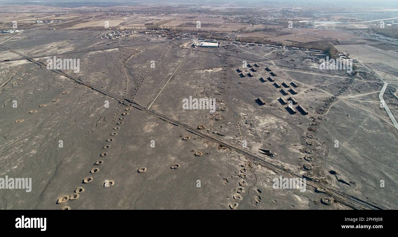 HAMI, CHINA - MARCH 26, 2023 - Aerial photo of Karez in the desert in ...