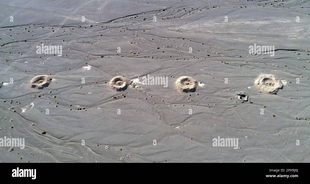 HAMI, CHINA - MARCH 26, 2023 - Aerial photo of Karez in the desert in ...