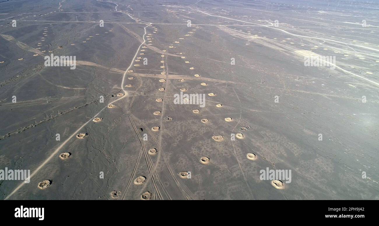 HAMI, CHINA - MARCH 26, 2023 - Aerial photo of Karez in the desert in ...