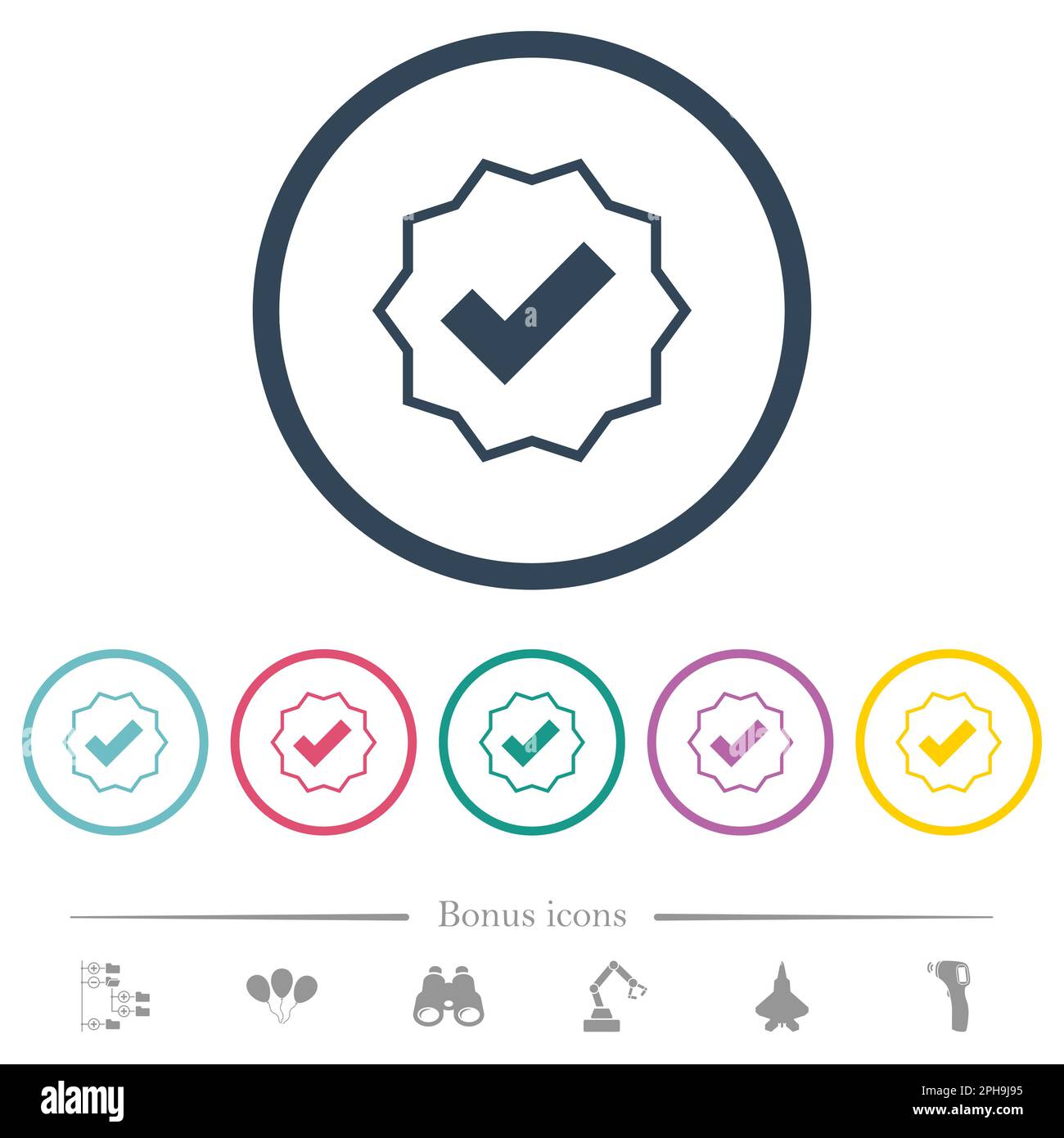 Verified sticker outline flat color icons in round outlines. 6 bonus ...