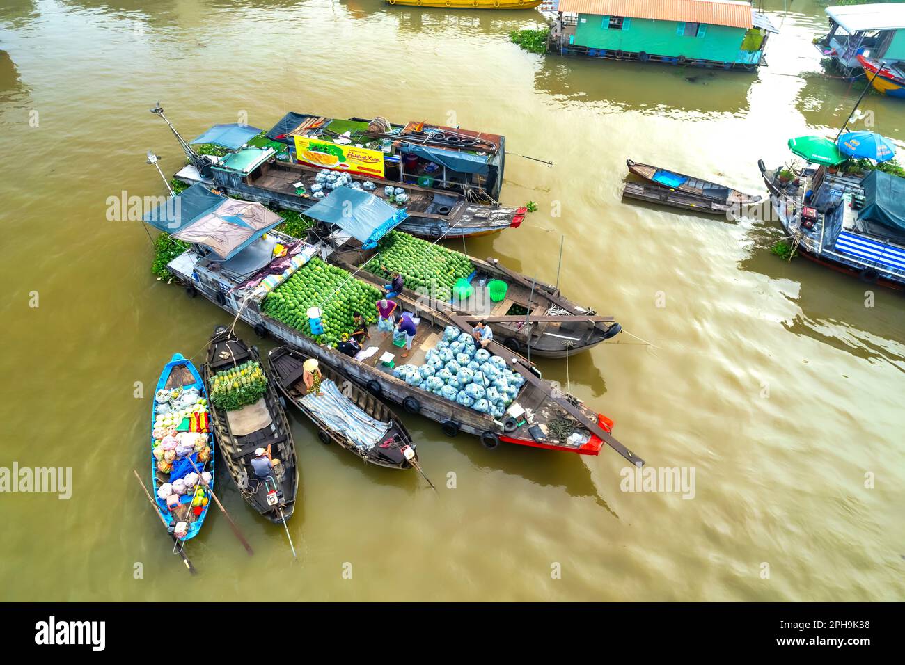 Cai Rang floating market, Can Tho, Vietnam, aerial view. Cai Rang is ...