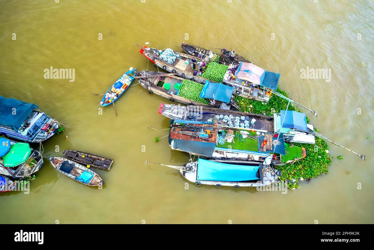 Cai Rang floating market, Can Tho, Vietnam, aerial view. Cai Rang is ...