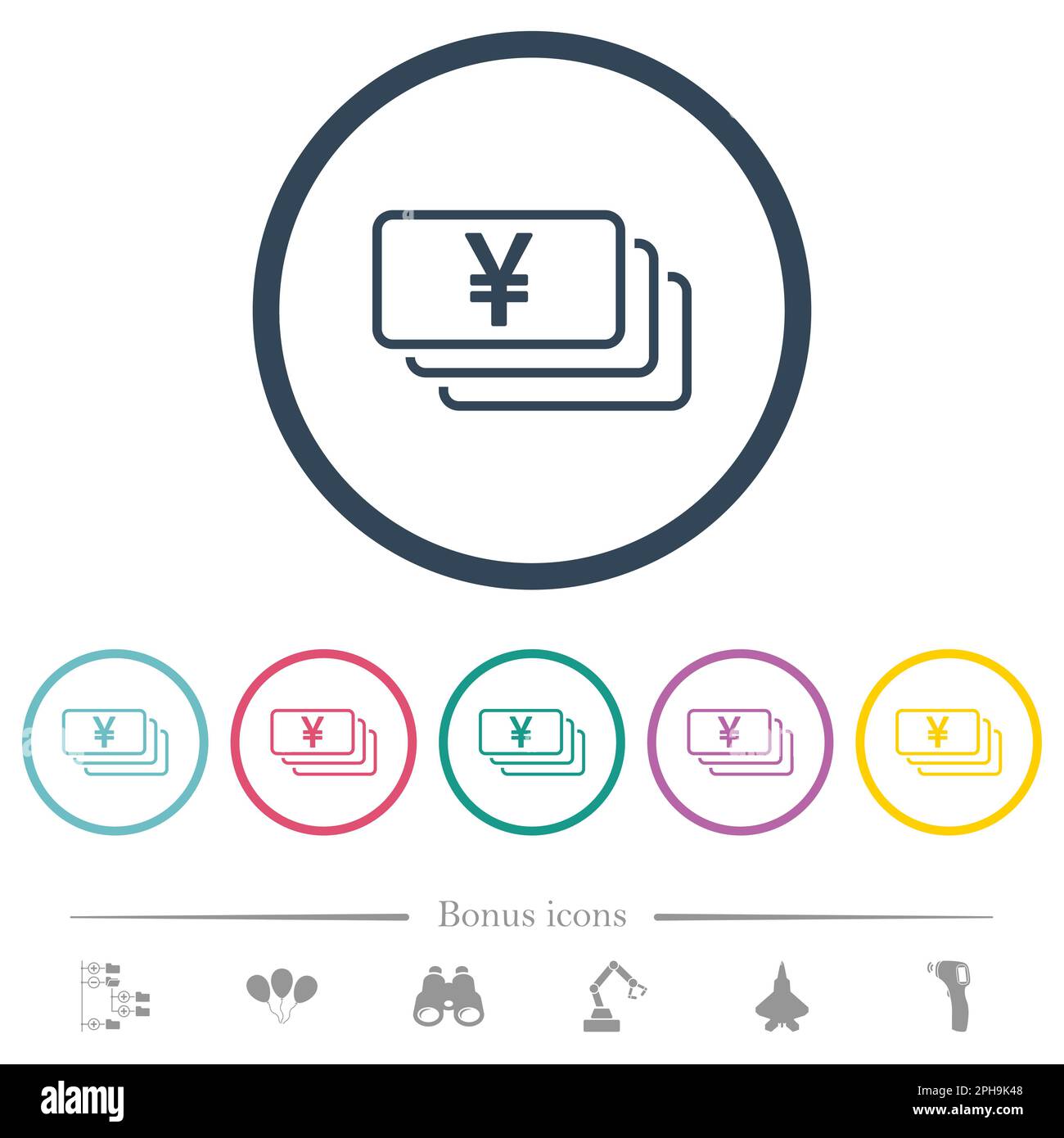 Japanese Yen banknotes outline flat color icons in round outlines. 6 ...