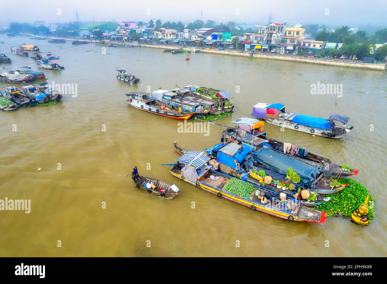 Cai Rang floating market, Can Tho, Vietnam, aerial view. Cai Rang is ...
