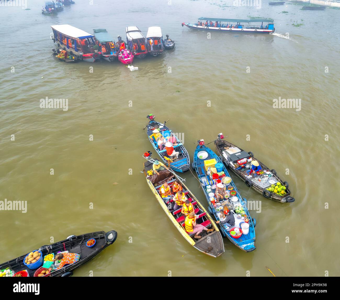 Cai Rang floating market, Can Tho, Vietnam, aerial view. Cai Rang is ...