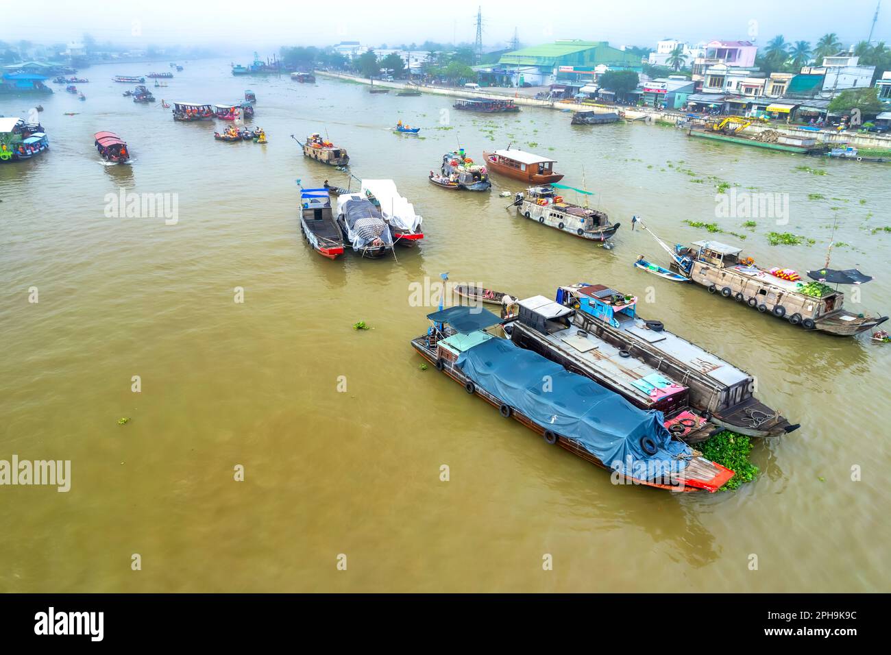 Cai Rang floating market, Can Tho, Vietnam, aerial view. Cai Rang is ...