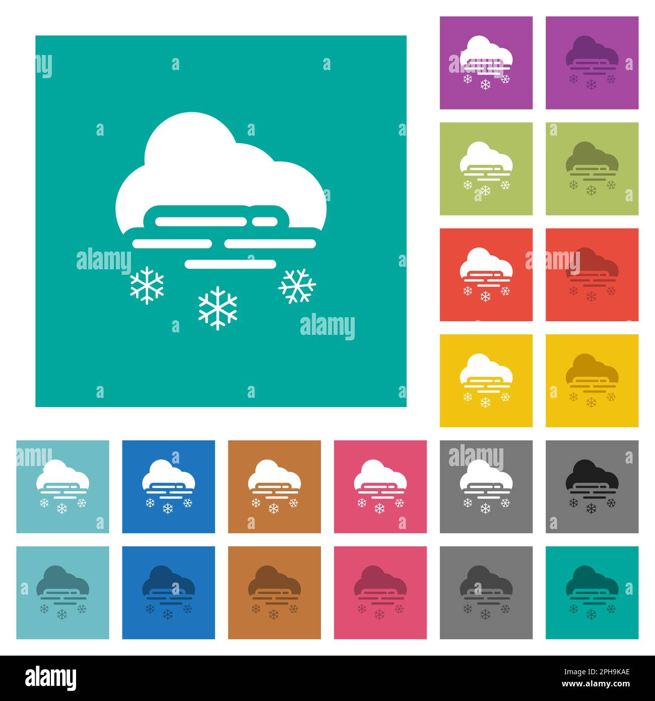 Misty and snowy weather multi colored flat icons on plain square ...