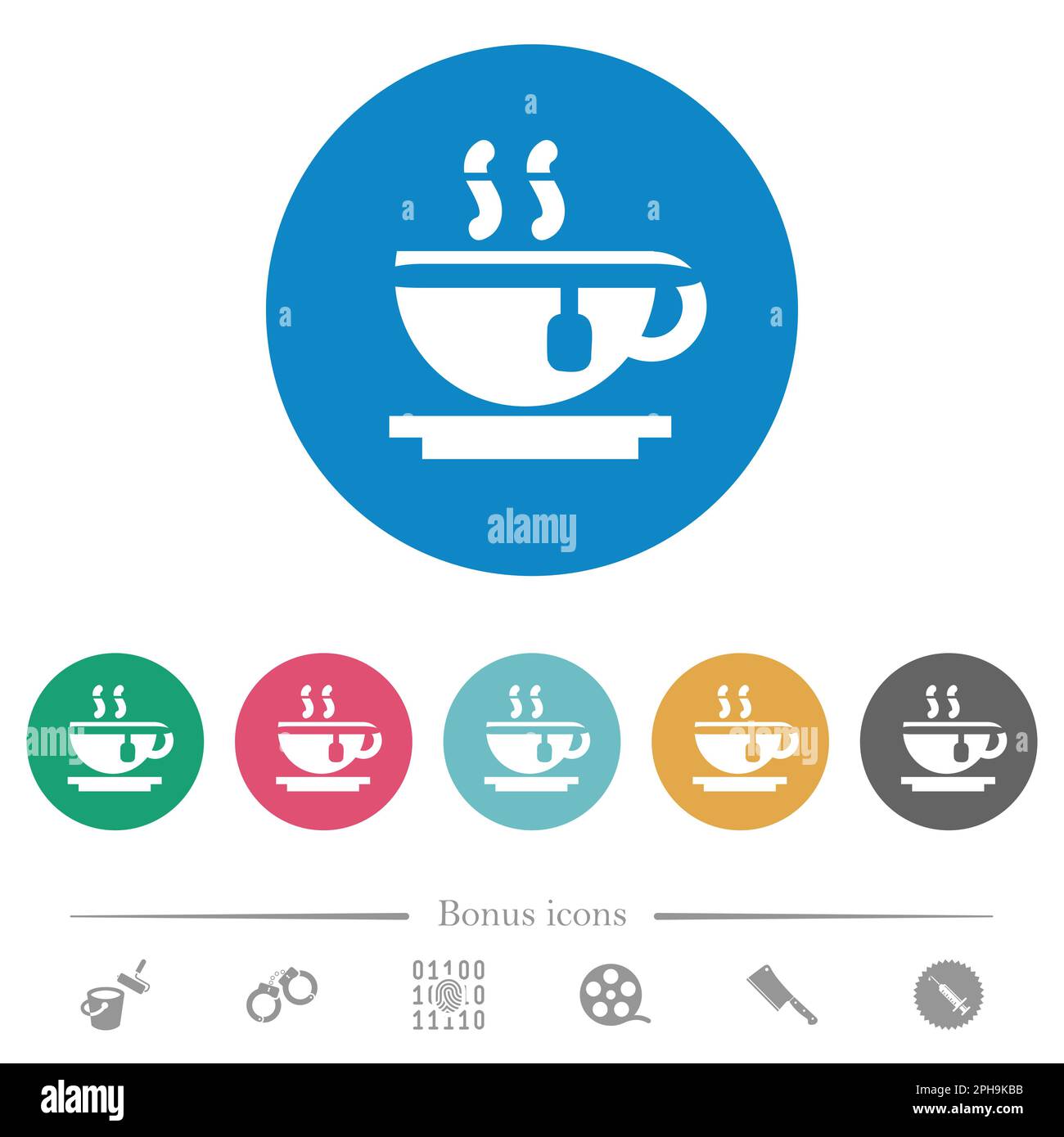 Cup of tea flat white icons on round color backgrounds. 6 bonus icons ...