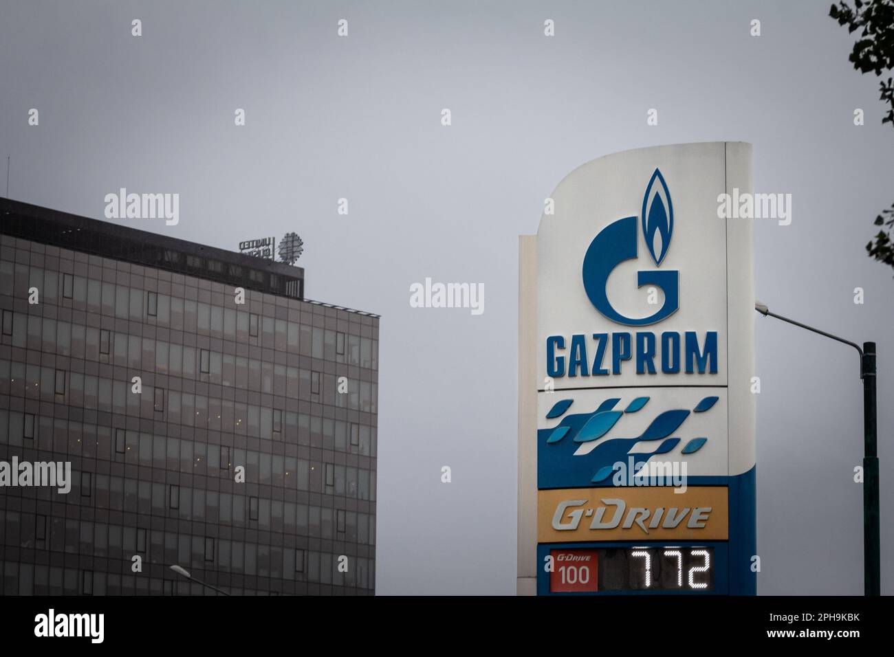 Picture of the Gazprom sign with their logo on their gas station for ...