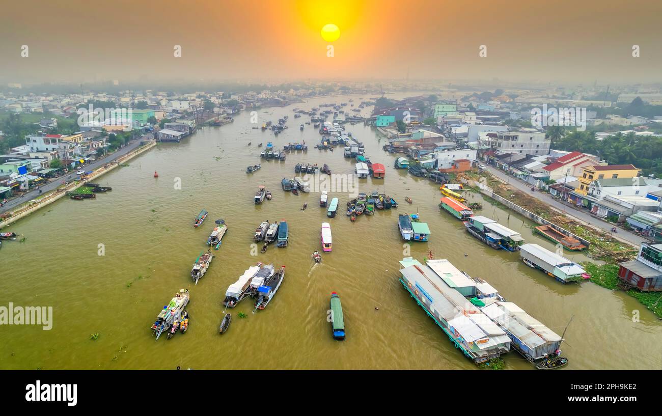 Cai Rang floating market, Can Tho, Vietnam, aerial view. Cai Rang is ...
