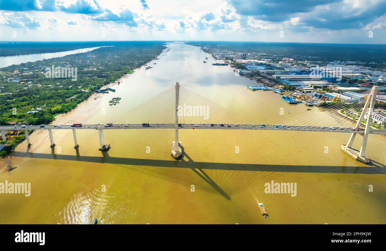 Rach Mieu bridge, Tien Giang, Vietnam, aerial view. Rach Mieu bridge ...