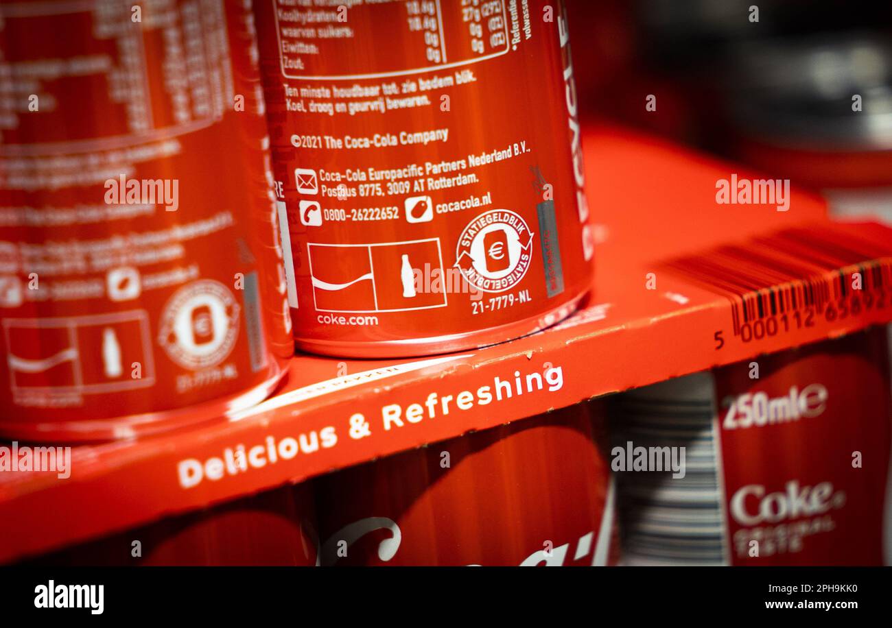 ALMERE - A deposit logo on cans in a supermarket. The introduction of a ...