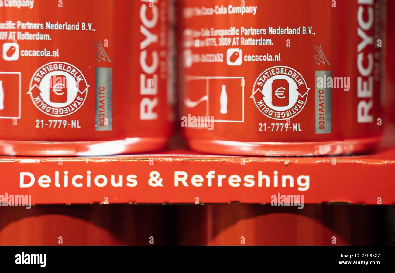 ALMERE - A deposit logo on cans in a supermarket. The introduction of a ...