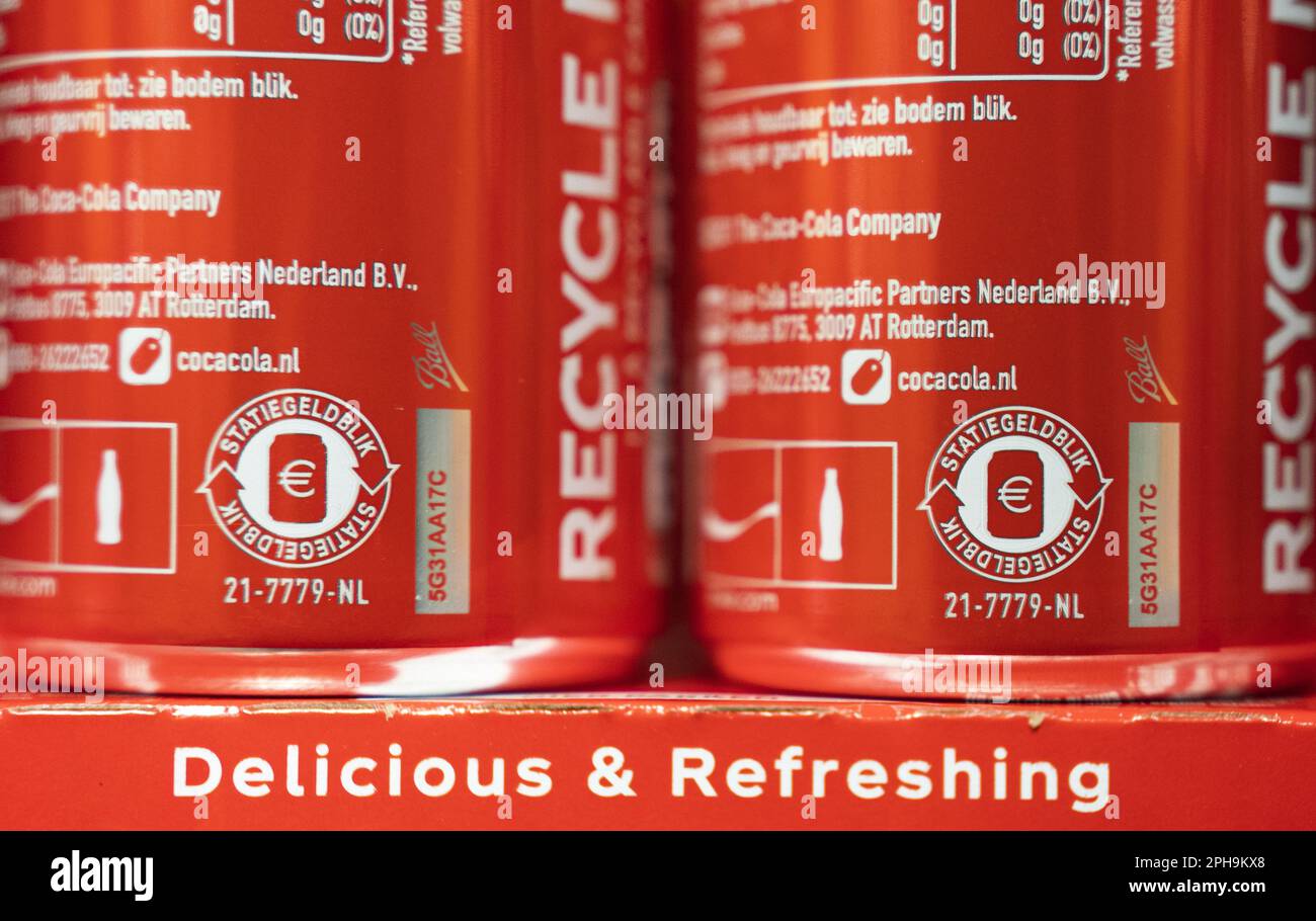 ALMERE - A deposit logo on cans in a supermarket. The introduction of a ...