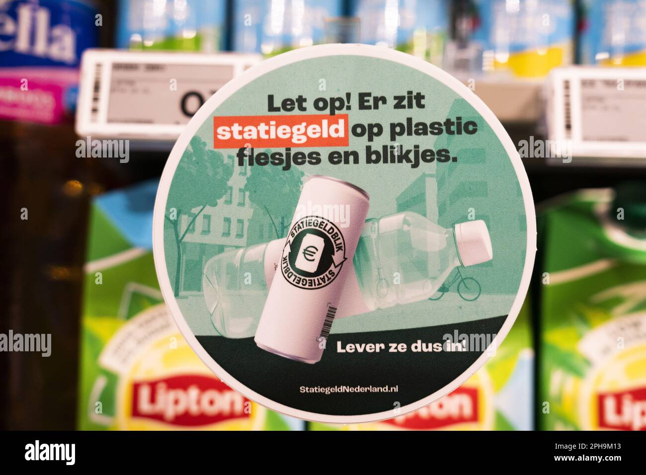 ALMERE - A deposit logo on cans in a supermarket. The introduction of a ...